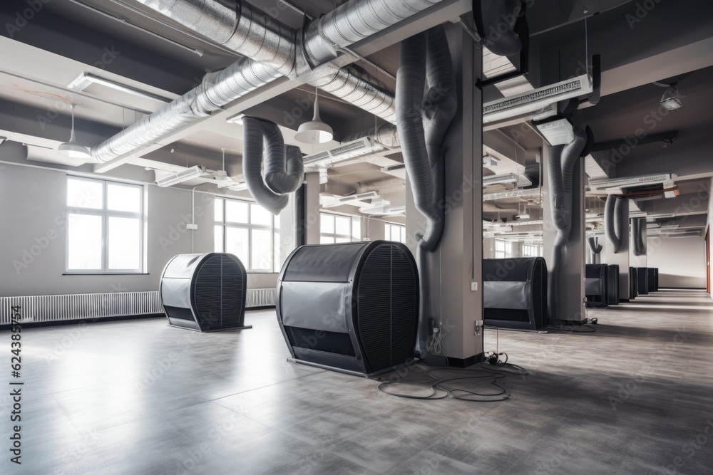 ventilation and exhaust system in a gym, with fans and ventilation ...