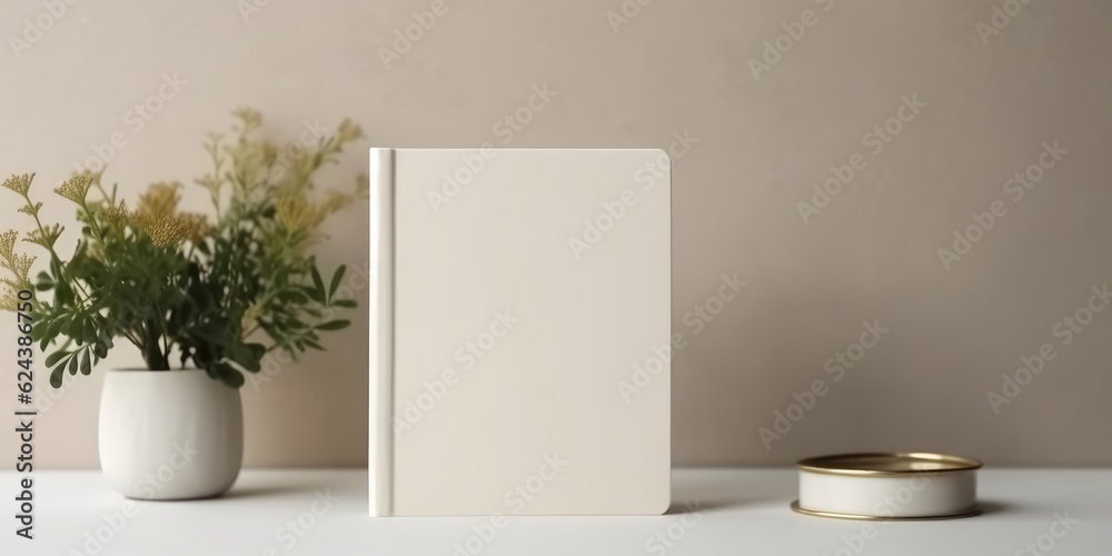 Plain white book cover mockup standing on a table. Book displayed in ...