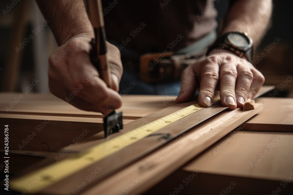 woodworker measuring and marking cut lines on a project, created with ...