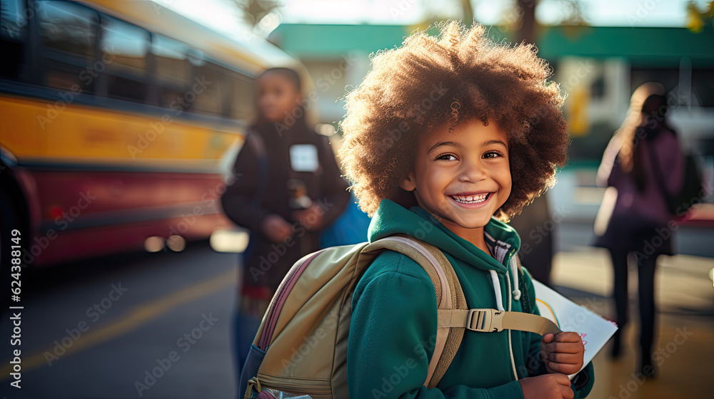Elementary school boy at the front of the school bus queue ilustración ...