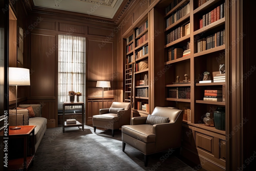 wood-paneled library, with bookshelves and reading chair, creating ...