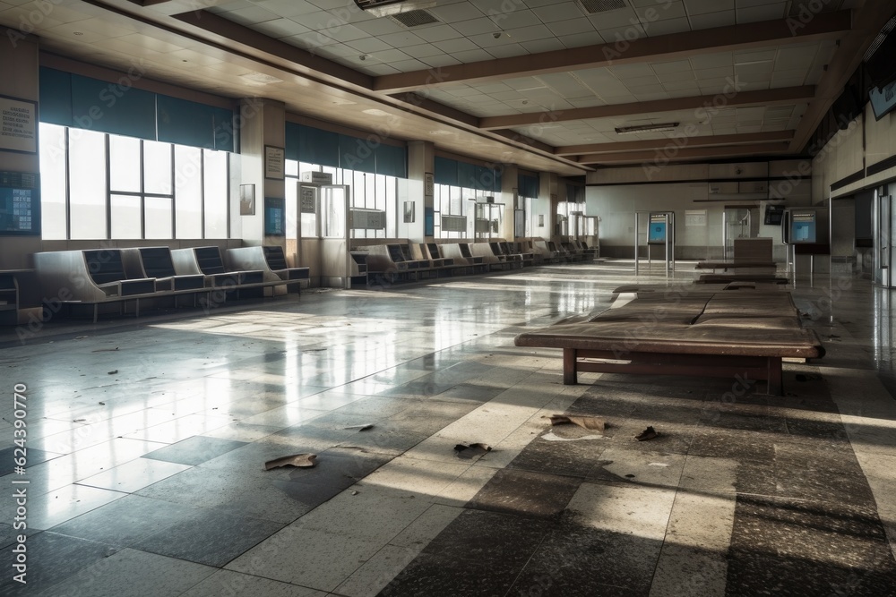 empty airport terminal, with traces of past passengers and their ...