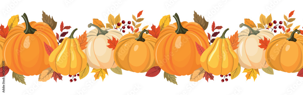 Colorful autumn color pumpkins, berries, and leaves horizontal seamless ...