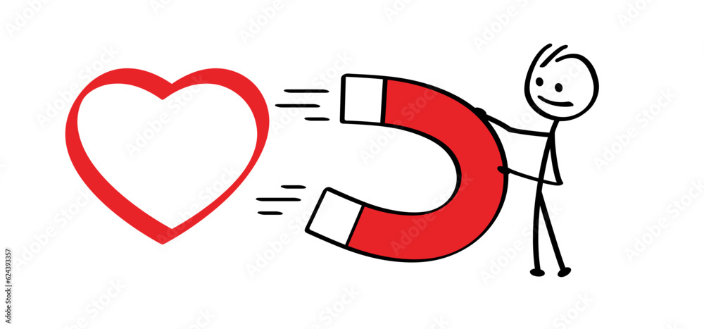 Cartoon magnetic to love. Stickman in love, romance. Drawing, figures ...