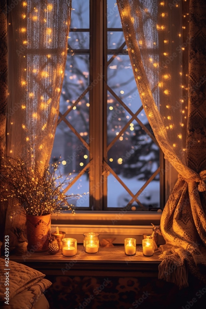 snowflakes falling on a cozy, warmly lit window, created with ...