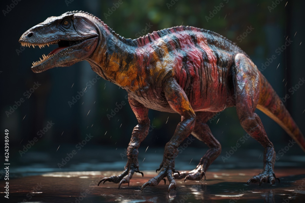 Full body view of Allosaurus against nature background. Dinosaur filmic ...