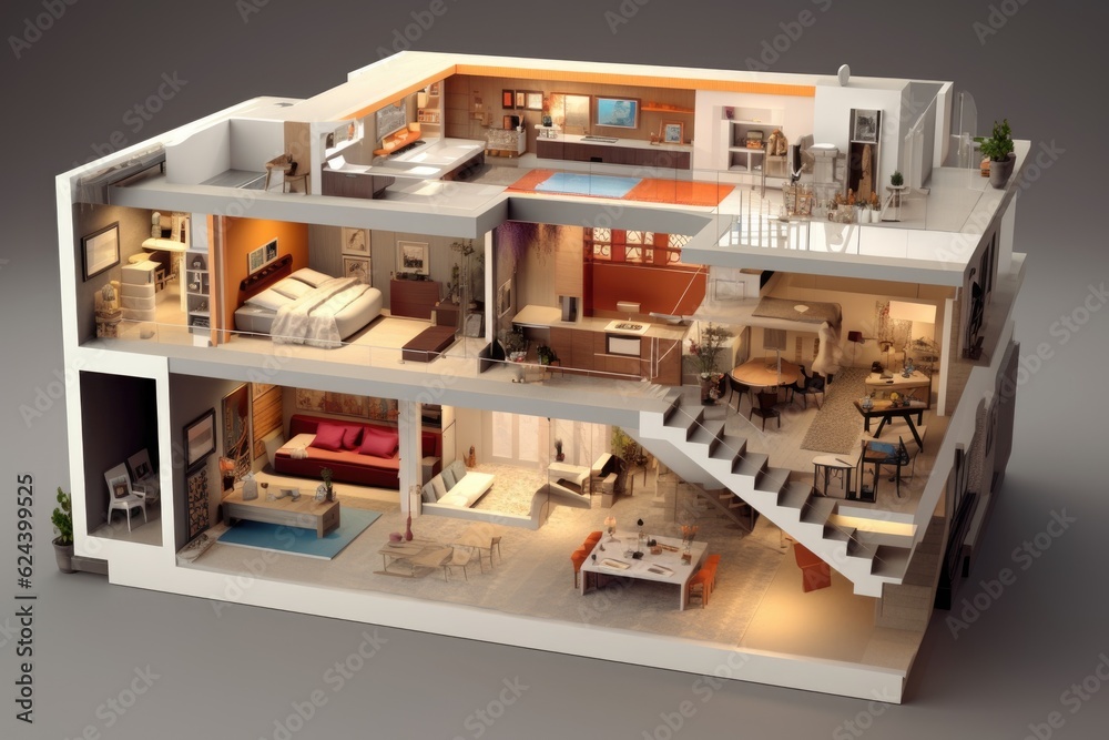 cross-section view of a 3d printed house showing interior layout ...