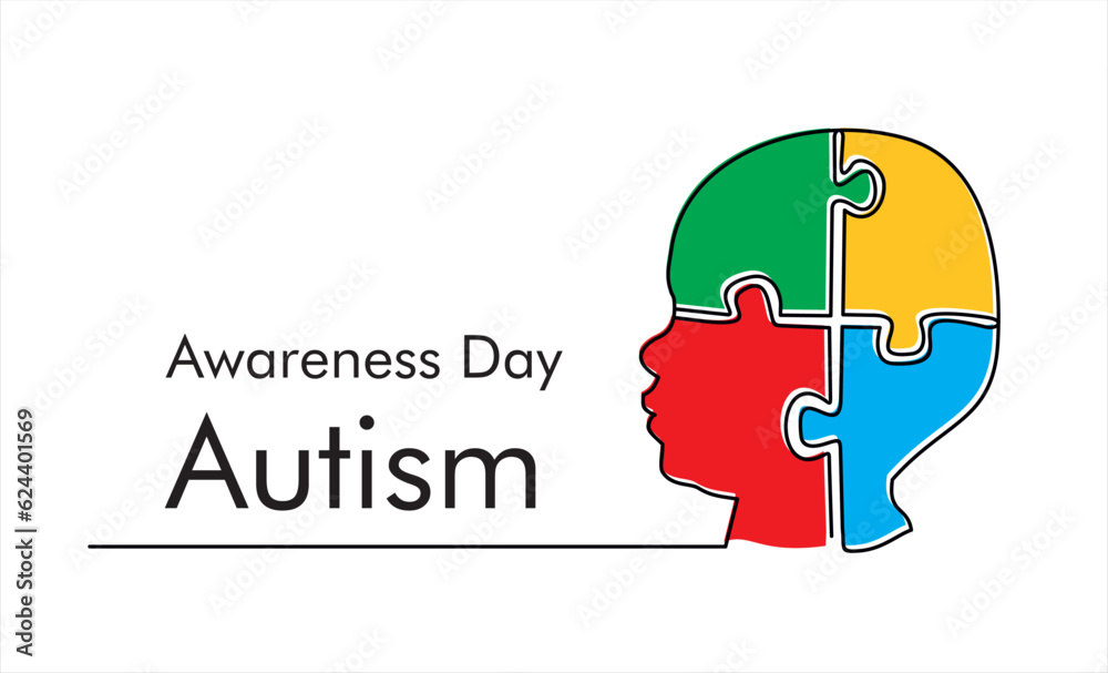 Continuous one line drawing of head of child and grup of puzzle. Autism ...