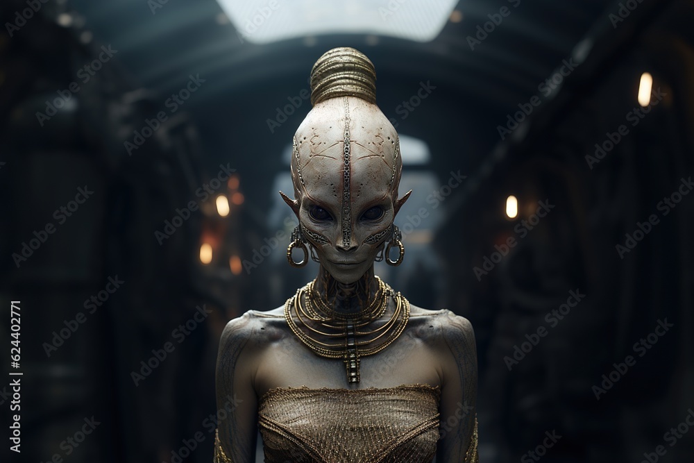 UFO female alien, bald female humanoid with rings jewelry looking at ...