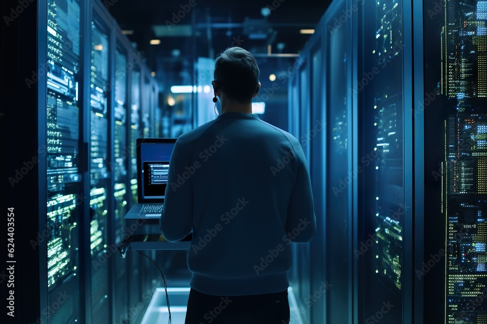 Successful people Data Center IT Specialist back view Using Tablet Computer, Turning Augmented ...