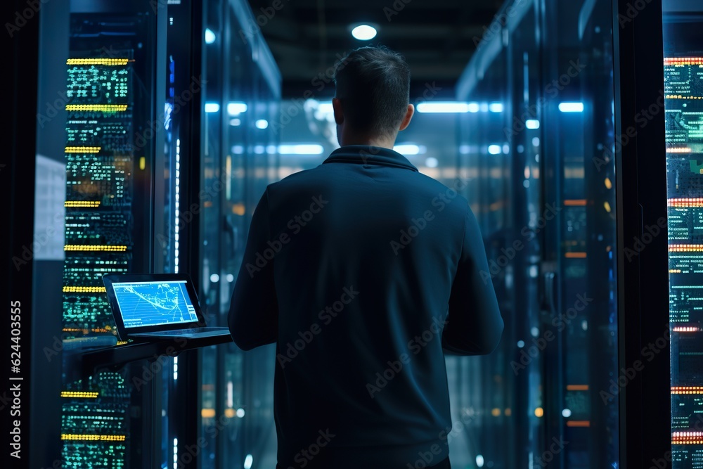 Successful people Data Center IT Specialist back view Using Tablet ...
