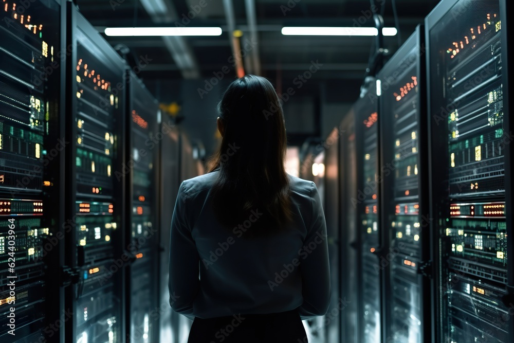 Successful people Data Center IT Specialist back view Using Tablet Computer, Turning Augmented ...