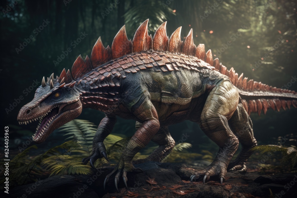 Full body view of Spinosaurus against a prehistoric forest. Dinosaur ...