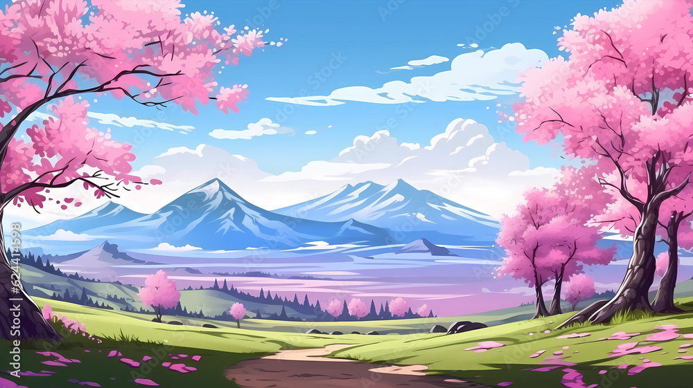 Hand-drawn cartoon beautiful spring scenery illustration of cherry ...