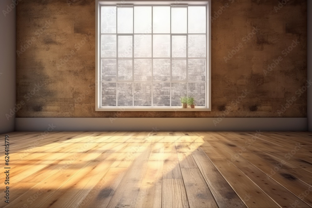 empty wall and wooden floor with interesting with glare from the window ...