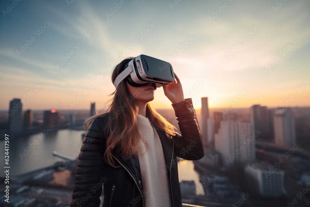 Woman wear augmented reality glasses. Future technology concept. Stock ...