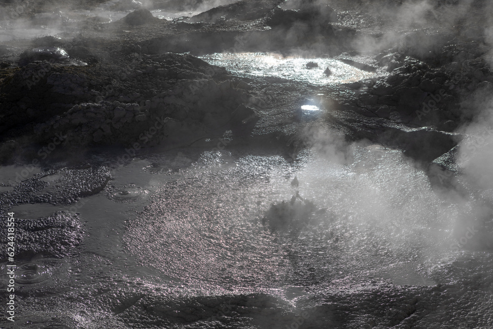 Stunning geothermic field of Sol de Mañana with its steaming geysers ...