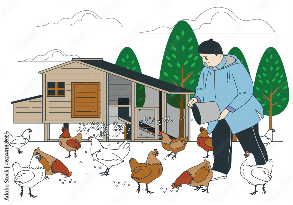 Farming, agriculture, feeding animals concept. Boy cartoon character ...