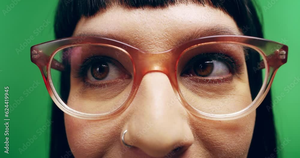 Focus, glasses and eyes of woman in studio for ophthalmology, vision ...
