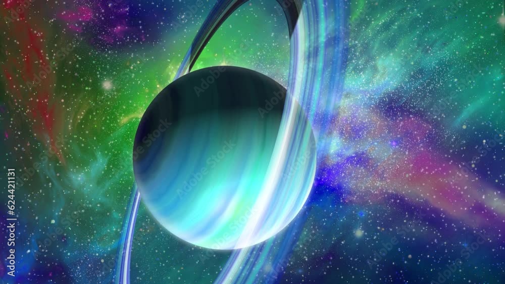 A Flying past of a Green Gas Giant with a system of rings, against the ...