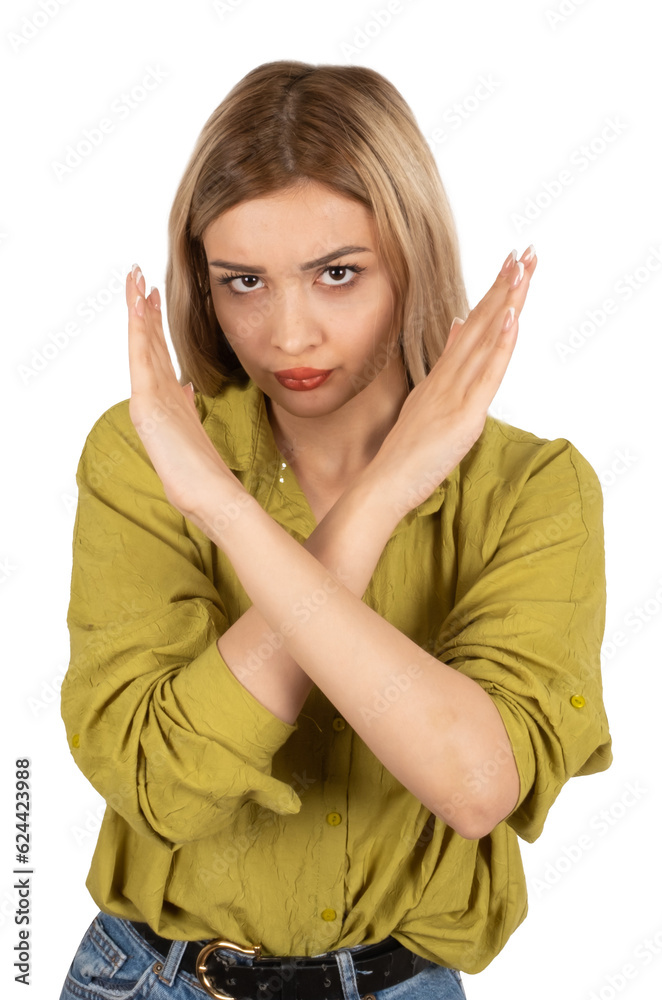 Showing stop gesture, portrait of young blonde angry woman showing stop ...