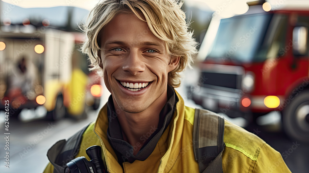 Portrait of a fireman wearing Fire Fighter turnouts and helmet ...