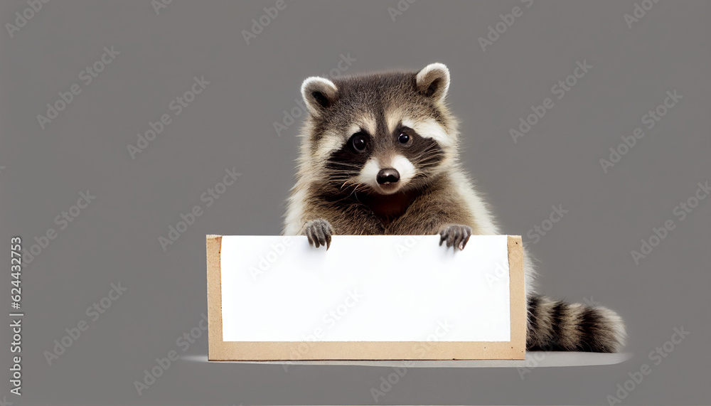 Cute cheerful raccoon cub with empty clean cardboard sign isolated on ...