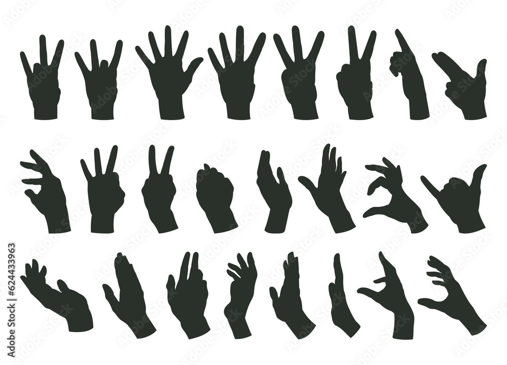 Hands gestures silhouettes. Cartoon human hands signs, call, okay ...