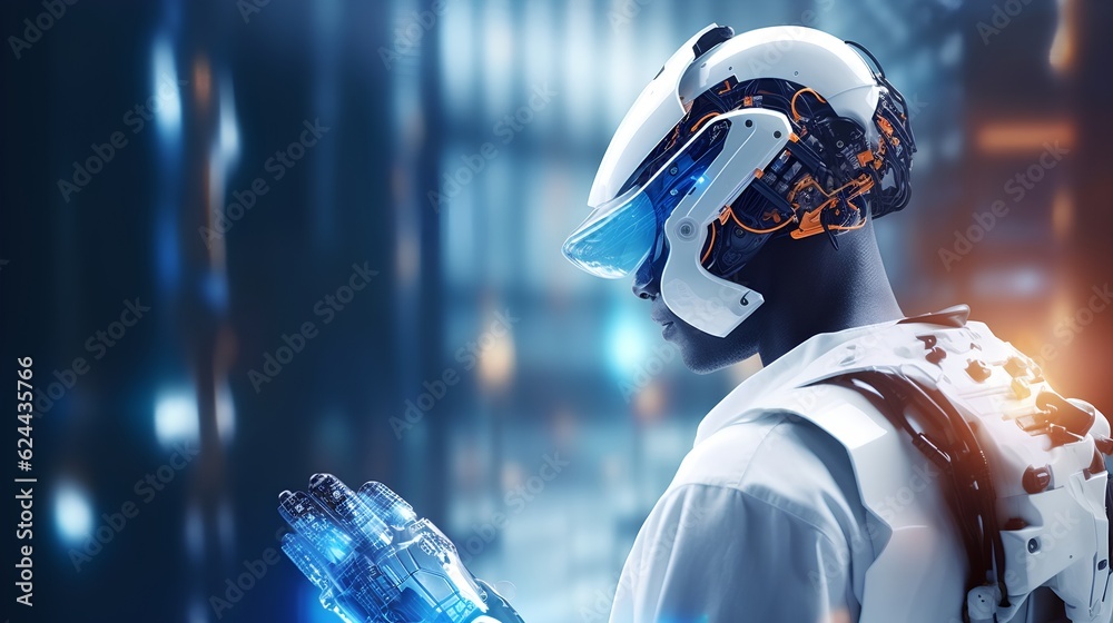 Robotic engineer working on developing a human-robot cyborg, illustrating the advanced and ...