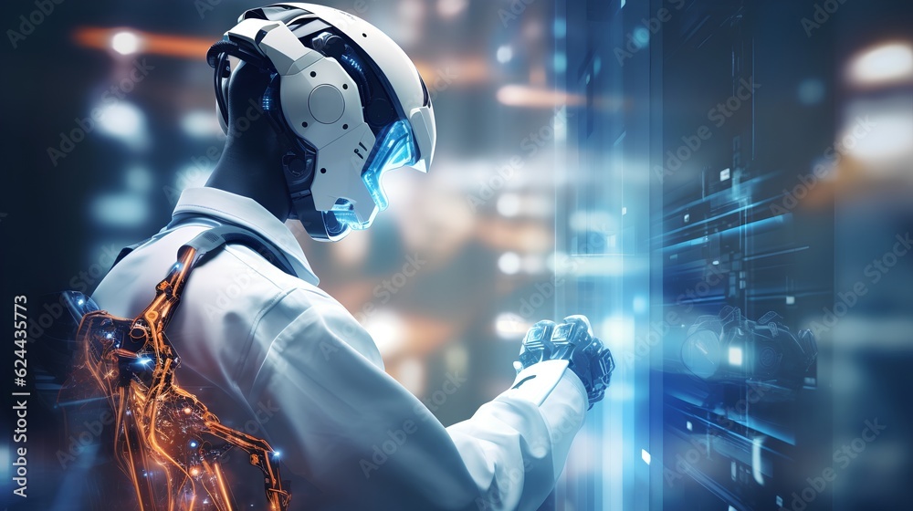 Robotic engineer working on developing a human-robot cyborg ...