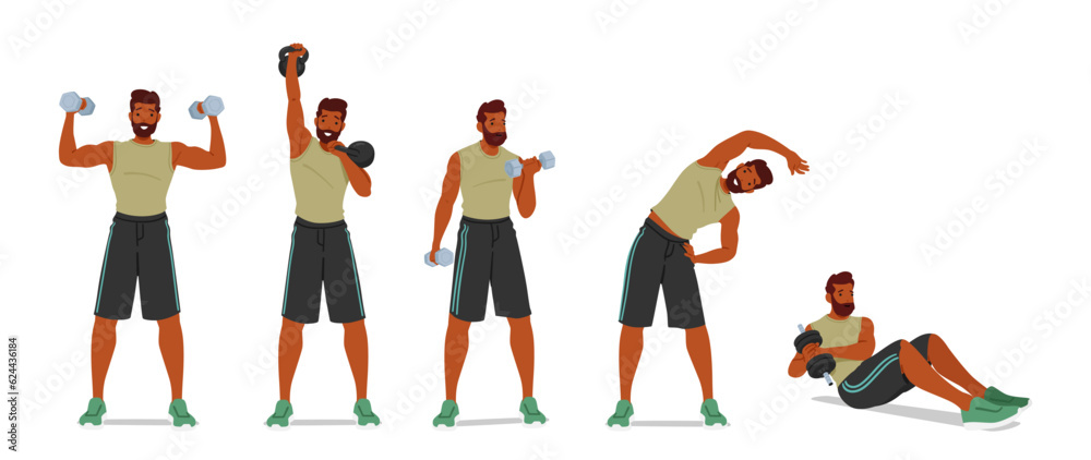 Fit Man Performs Dumbbell Exercise, Incorporating Tilting Movements To ...