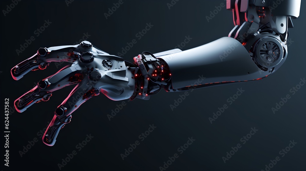 Concept of robotic engineering. Robotic arm set against a dark ...