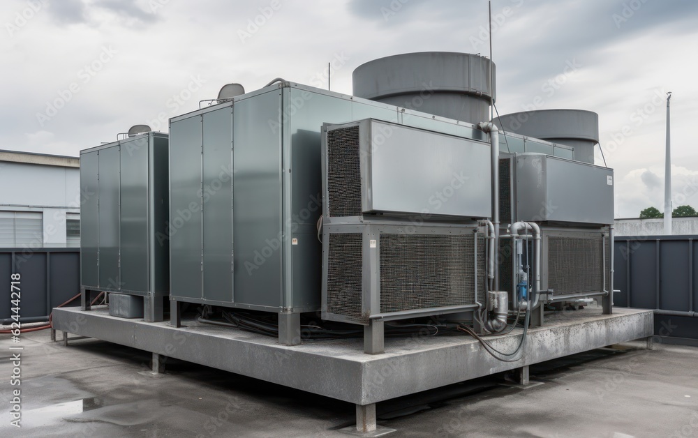 Condenser unit or compressor on roof of industrial plant building with ...