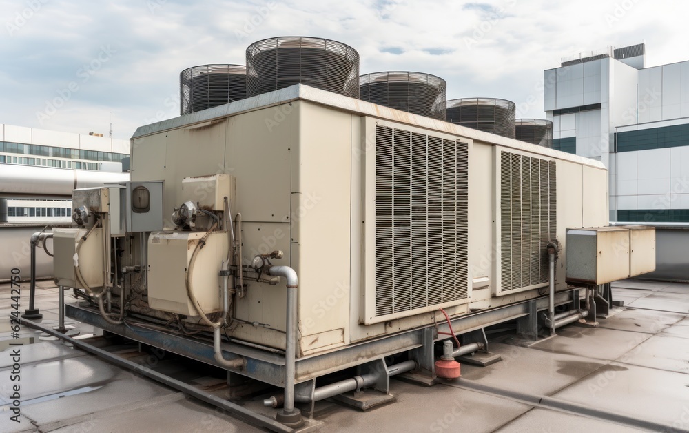 Condenser unit or compressor on roof of industrial plant building with ...