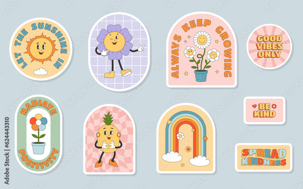 Set of groovy cartoon stickers. Flowers, sun, pineapple, rainbow ...