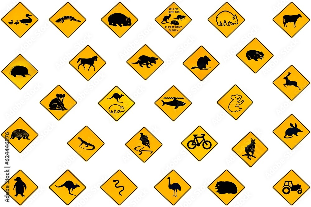 Australian warning road signs from Australia highways. Wildlife animals ...