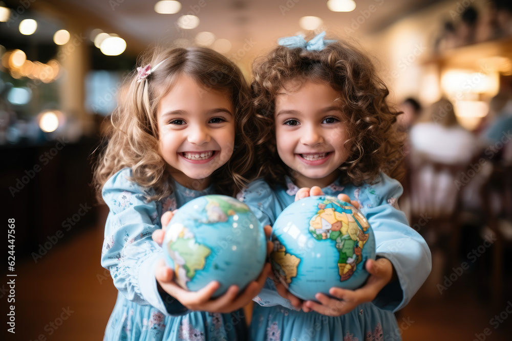Earth's Embrace. Happy children hugging the Earth globe with their ...
