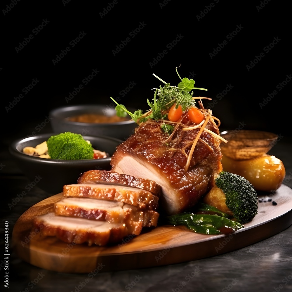 Enticing image of crispy roast port and BBQ pork with side dishes. Pork ...