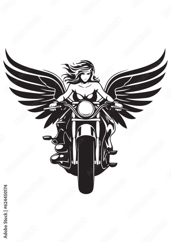 female angel with wings rides a motorcycle,black and white color ...