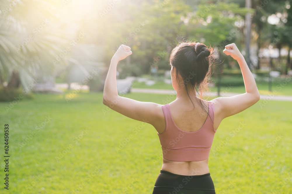 strength female jogger, fit young Asian woman in 30s wearing pink ...