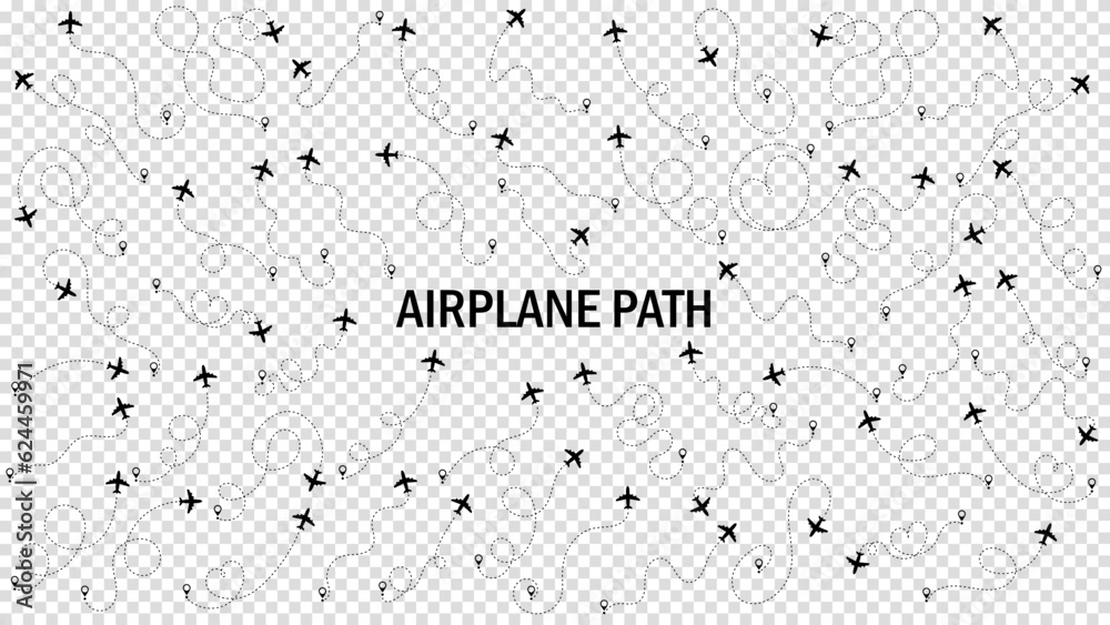 Airplane or aeroplane routes path set. Travel concept from start point ...