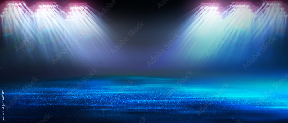 Dark blue backlit background. Concrete wall and floor with light, use ...