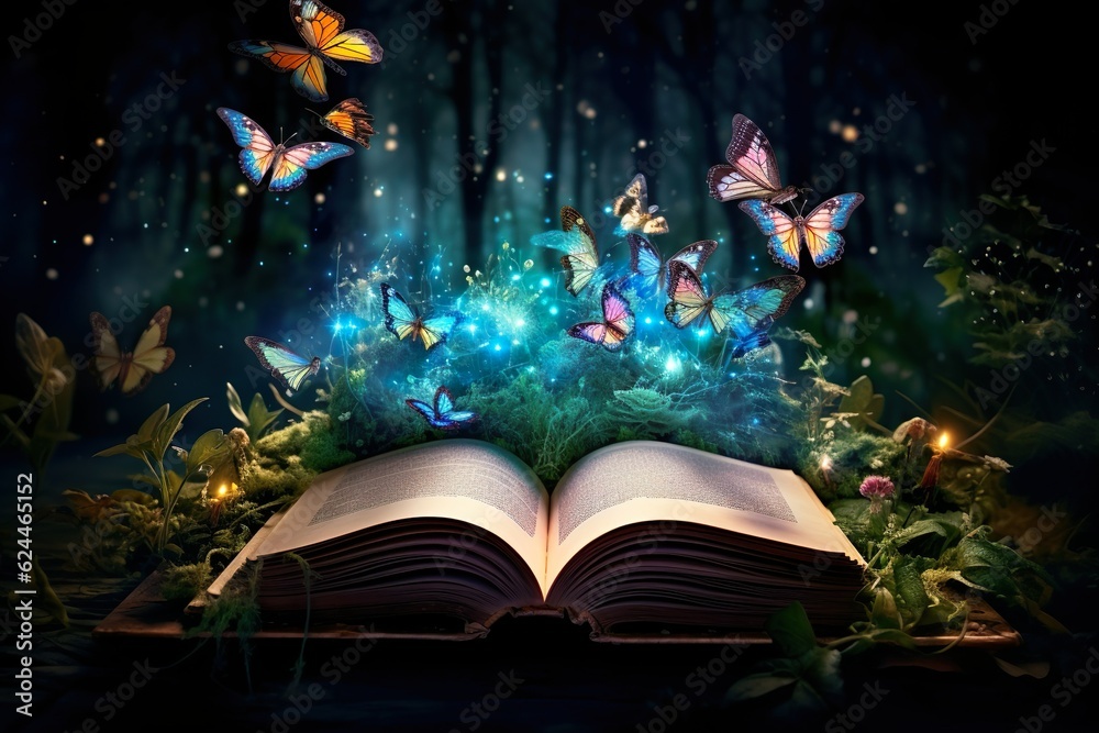 Open magic book with growing lights, magic powder, butterflies. Magic ...