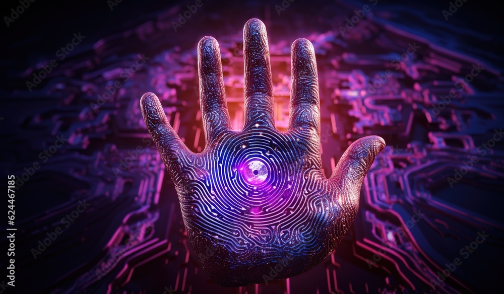 hand scanning electronic technology on a dark blue background ...