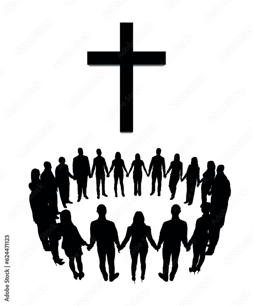 Christian people standing in circle holding hands together toward giant ...