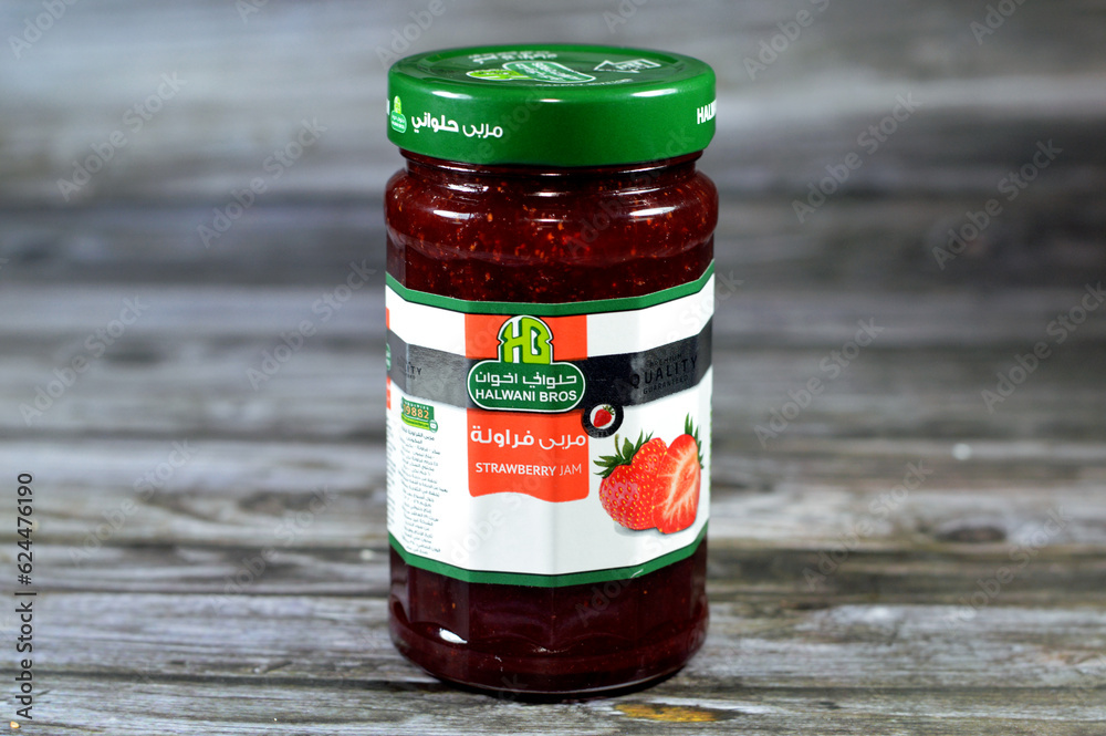 Foto de Cairo, Egypt, July 9 2023: Halwani Bros strawberry jam Haalwani ...