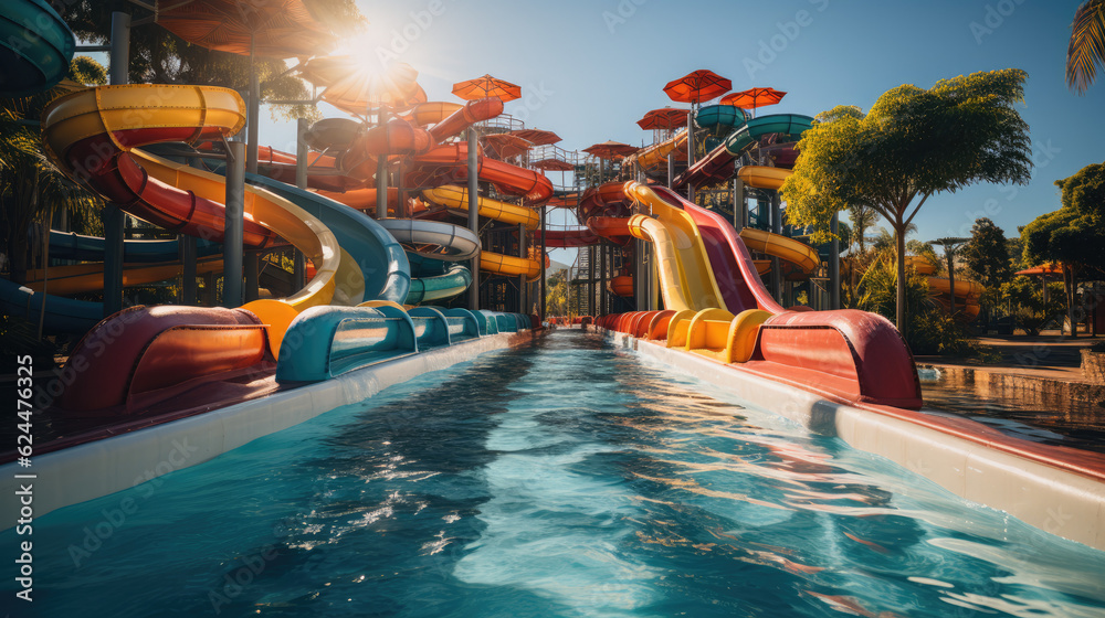 Water Park Adventure. Wide-angle photo of a kid swimming in a vibrant ...