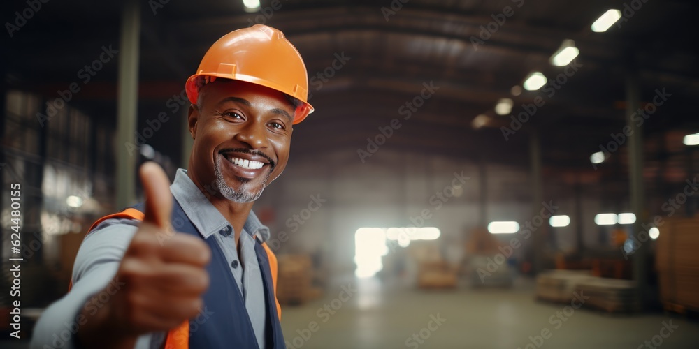 Happy Young male african american engineer wearing safety workwear ...
