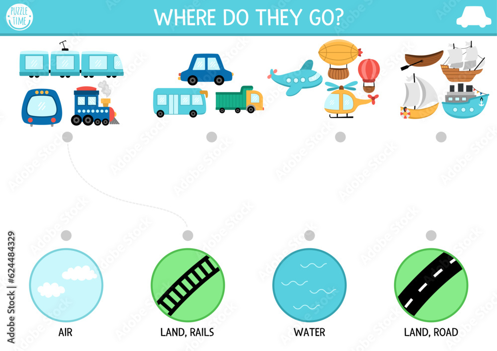 Transportation matching activity with cute plane, ship, train, places ...