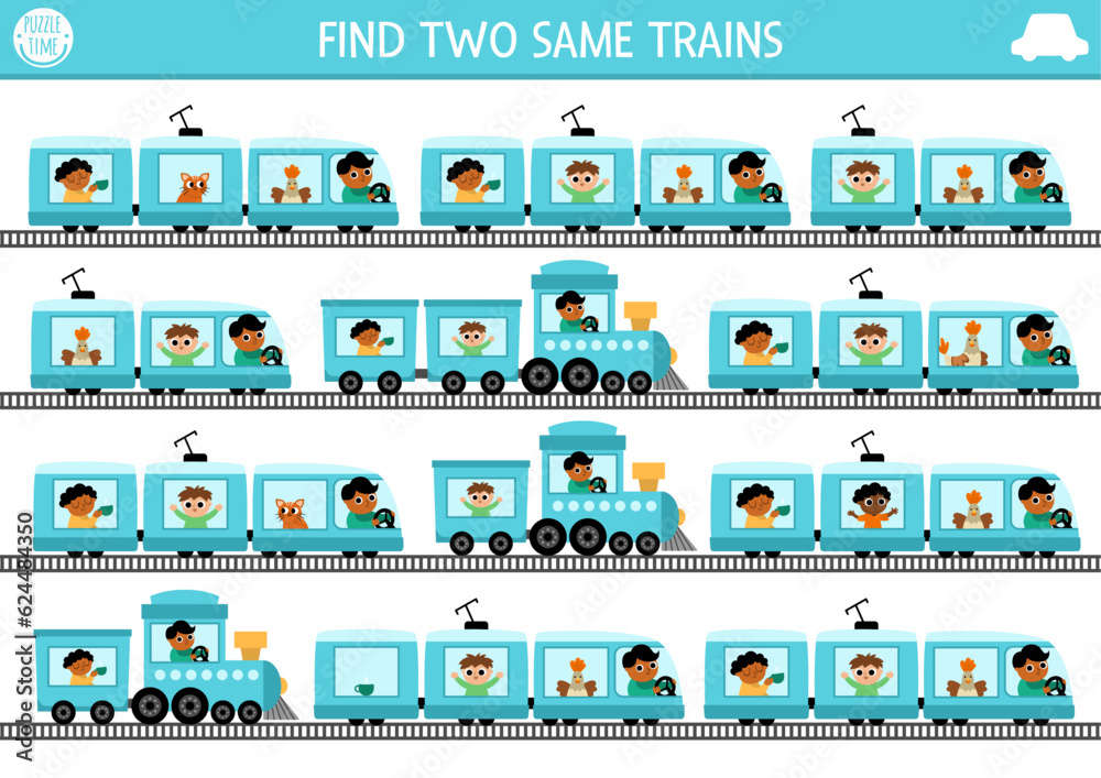 Find two same trains. Transportation matching activity for children ...